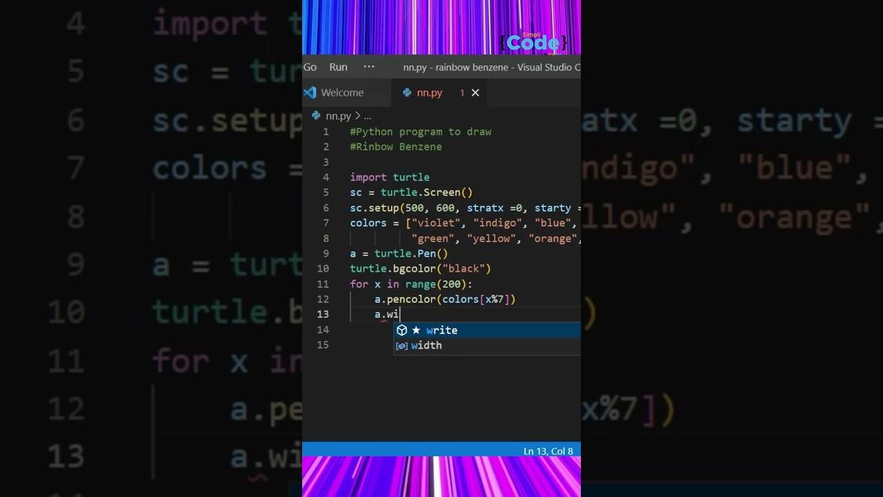 How to Make Rainbow Benzene Using Python Turtle 🌈 #Python #Turtle #Shorts | SimpliCode