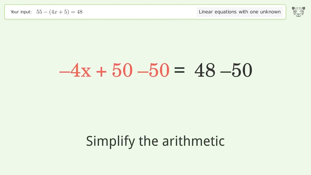 Linear equation with one unknown: Solve 55-(4x+5)=48 step-by-step solution