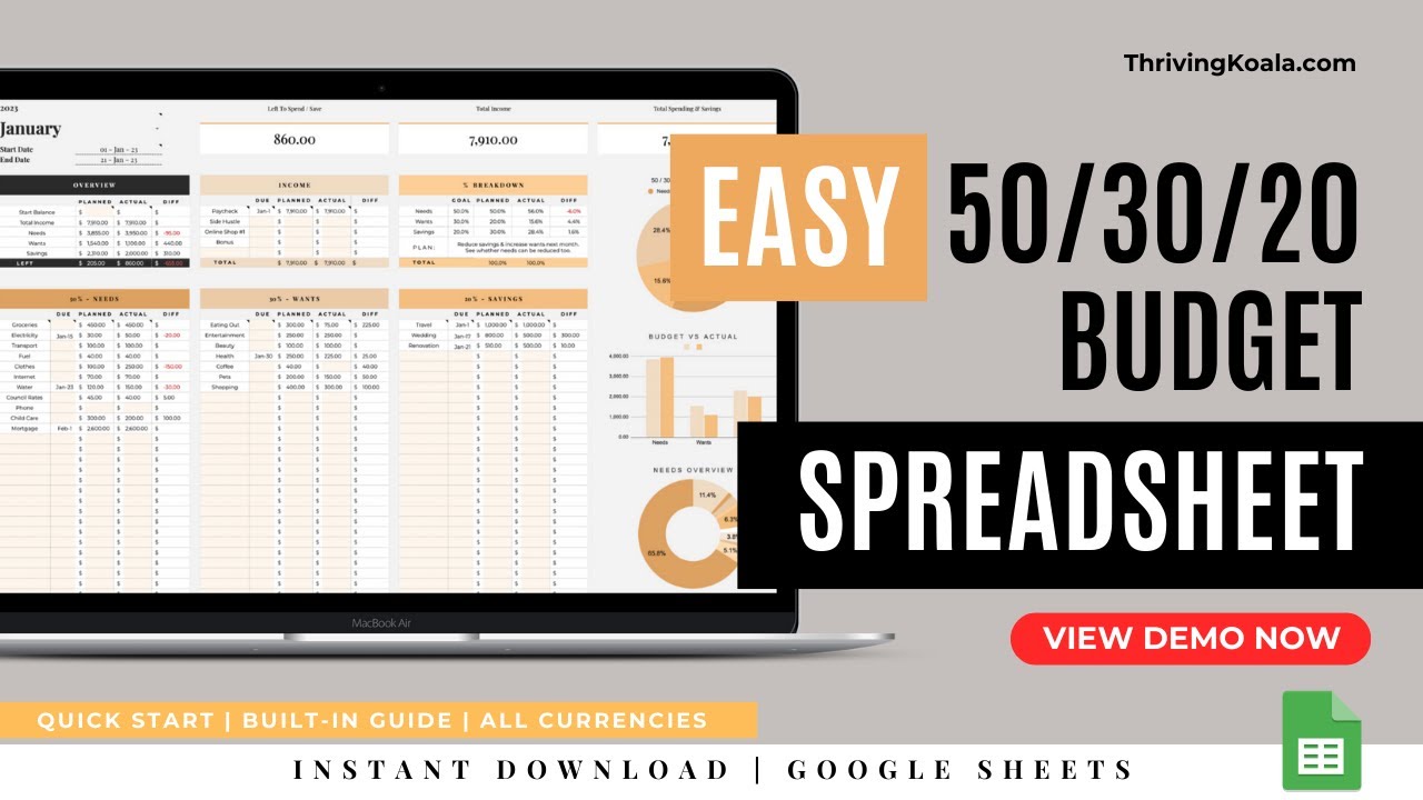 50 30 20 BUDGET TEMPLATE Google Sheets || Budget Tracker