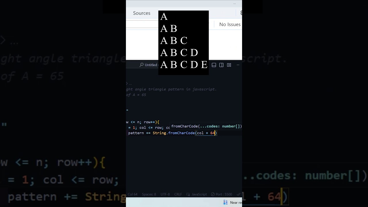 Alphabetic right angle triangle pattern in JavaScript