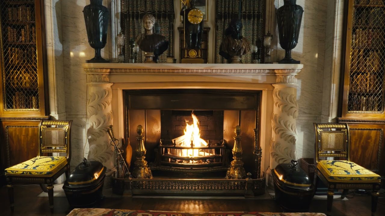 Chatsworth House Library Crackling Log Fire