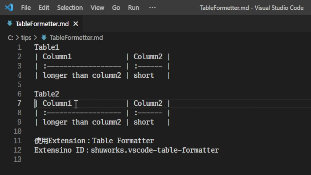 VSCode Markdown Table Formatter