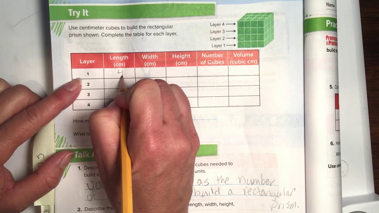 Chapter 12, Lesson 8, Guided Practice, hands-on use models to find the volume of prisms
