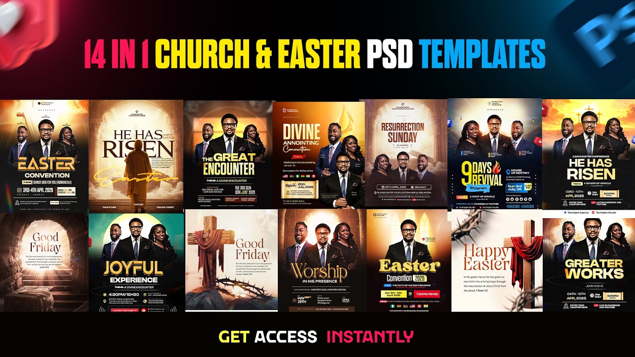14 IN 1 Editable Easter & Church Events PSD Flyers Templates for Photoshop For Printshops