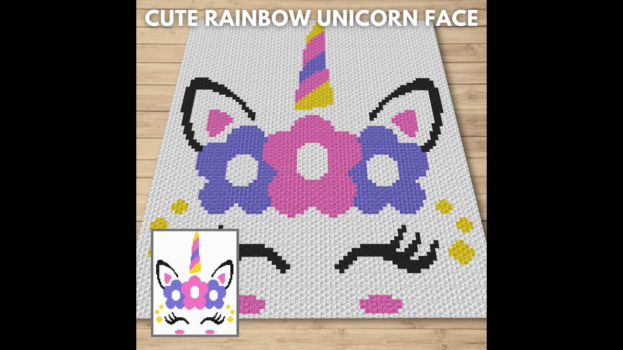 Cute Rainbow Unicorn Face C2C & Tapestry Crochet Pattern & Chart | Magic Yarn Pixels