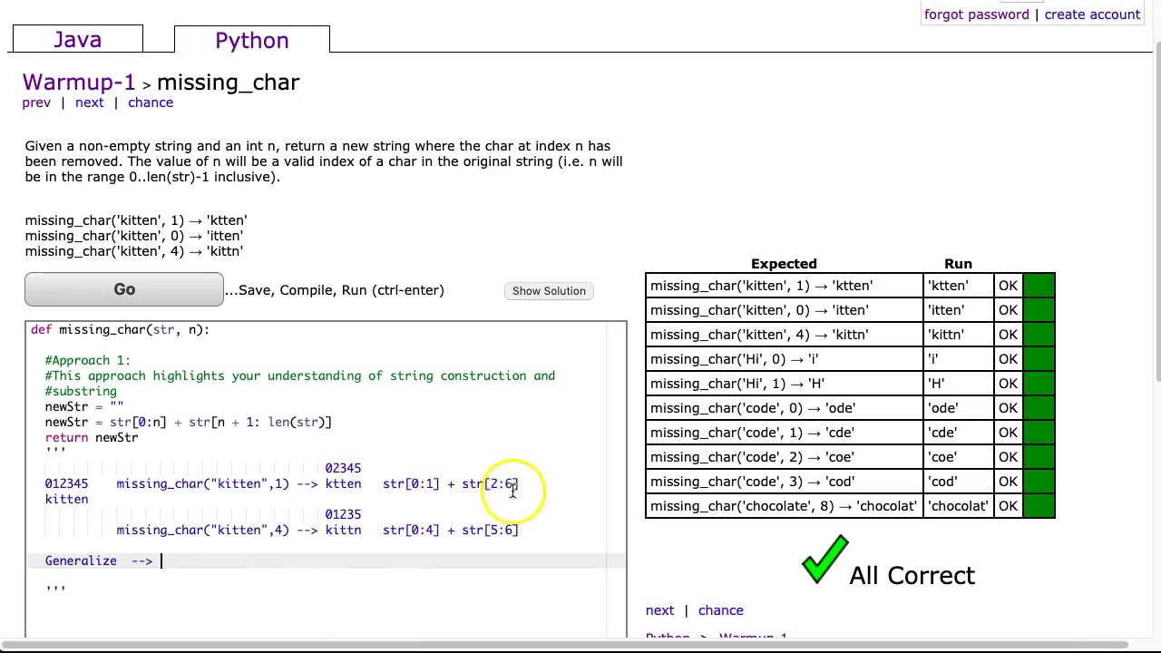 Codingbat - missing_char (Python)
