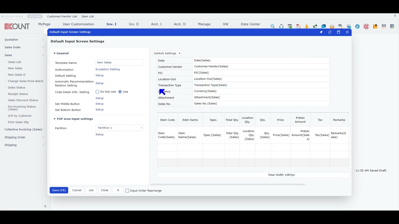 [ECOUNT Basic] Template Setup - Input Screen Setup