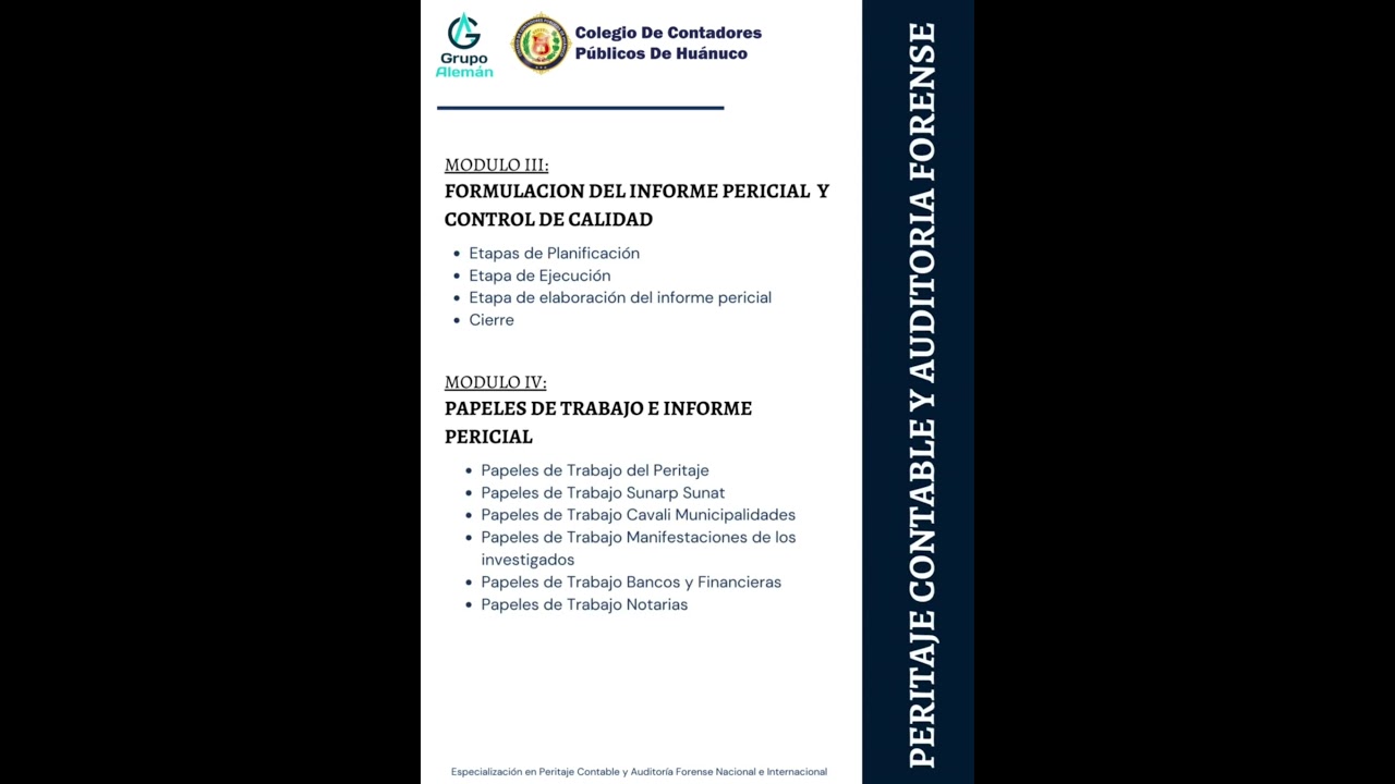 CURSO DE ESPECIALIZACIÓN DE PERITAJE CONTABLE Y AUDITORIA FORENSE NACIONAL E INTERNACIONAL - PERÚ