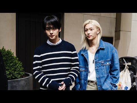 Lee Know and Felix from the stray kids on there way to Tommy Hilfiger fashion