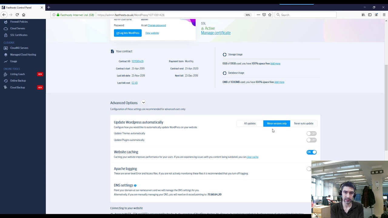 Changing your Fasthosts WordPress hosting package update settings