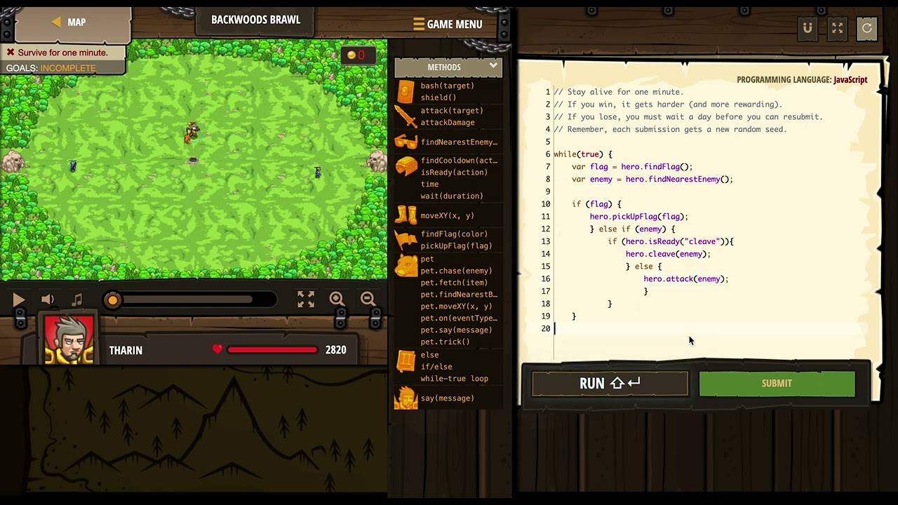 CodeCombat - Backwoods Brawl - JavaScript