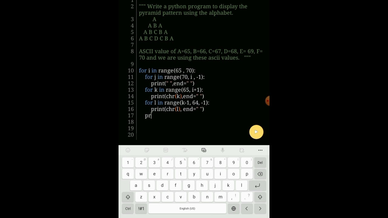 Python program to display the pyramid pattern using the alphabet.