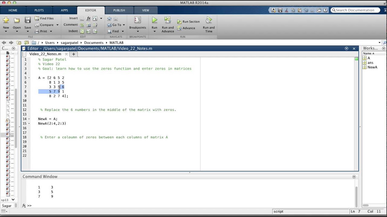 MATLAB Video 22: Zeros function