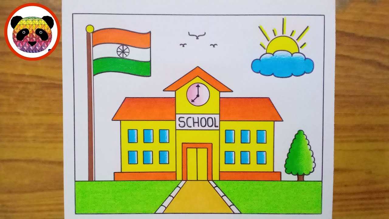 School Scenery Drawing / My School Drawing / How to Draw a Easy School for Beginners / Drawing