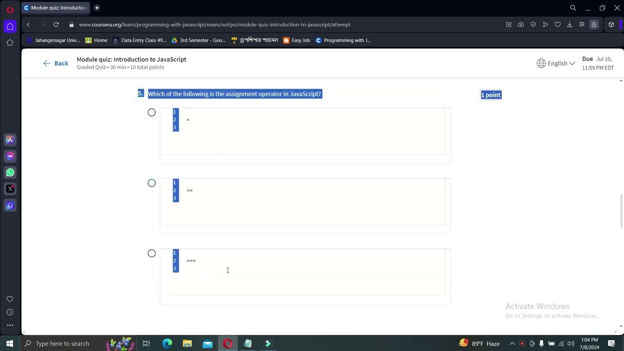 Module quiz: Introduction to JavaScript Coursera | Programming with JavaScript Meta