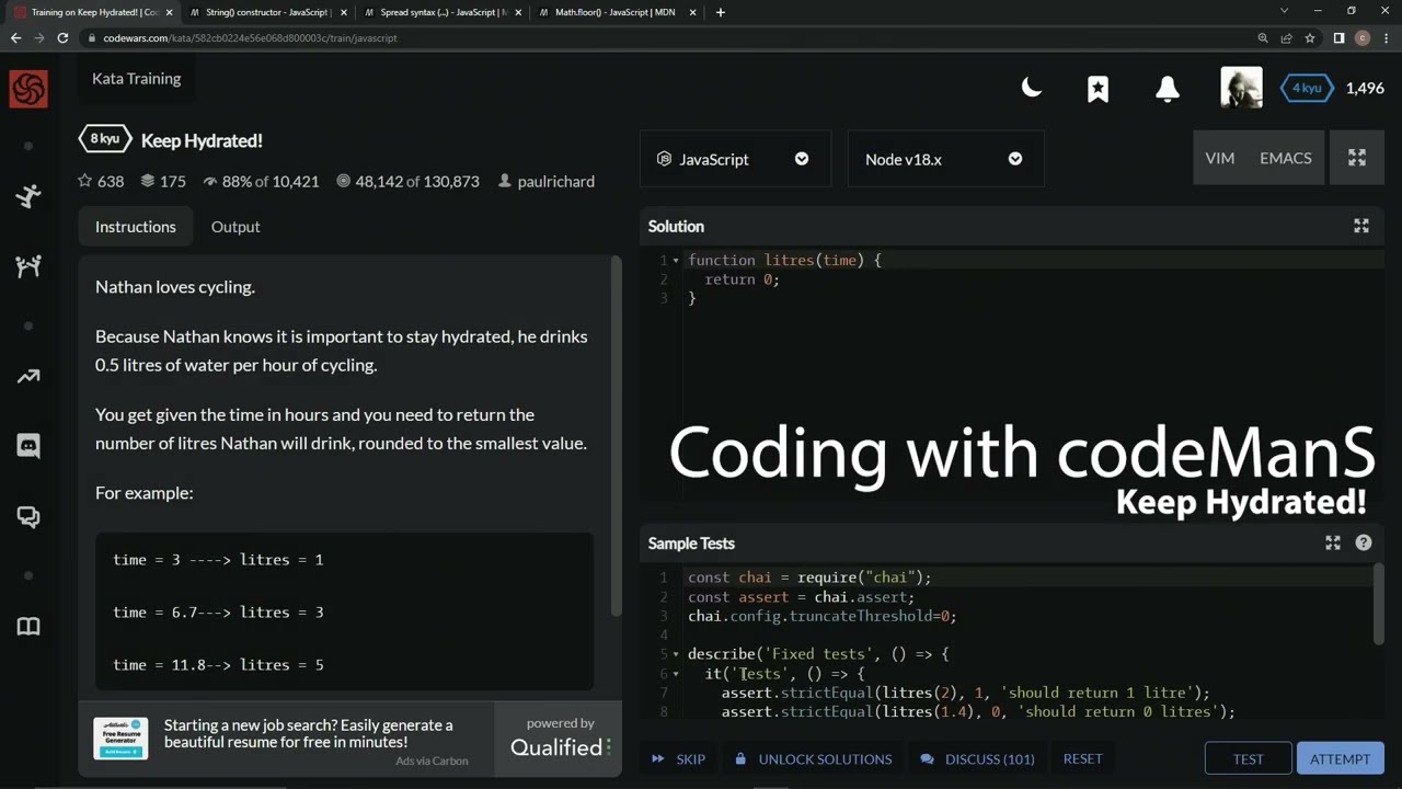 Codewars 8 kyu Keep Hydrated! Javascript