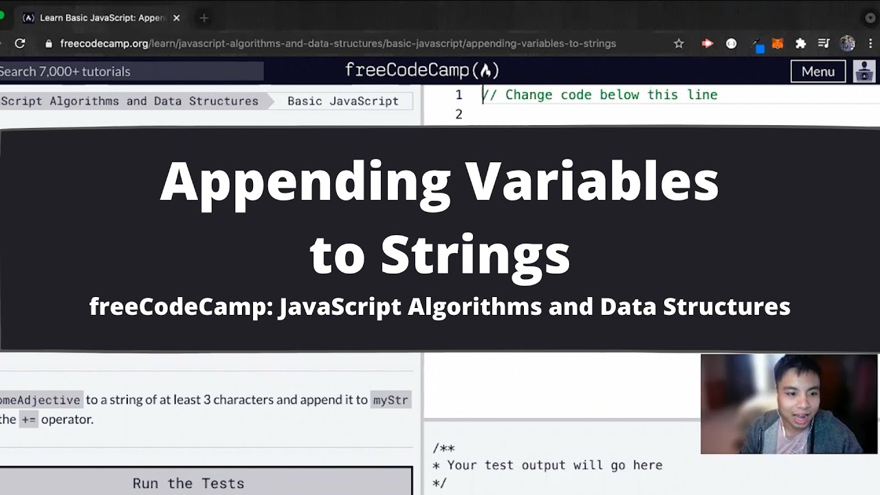 Appending Variables to Strings (Basic JavaScript) freeCodeCamp tutorial