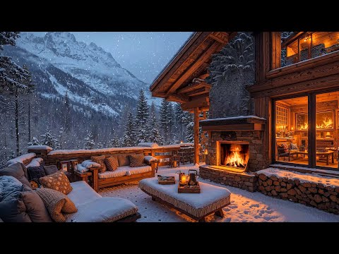 Cozy Winter Porch Ambience with Smooth Jazz Instrumental Music ❄️ Snowfall & Crackling Fireplace