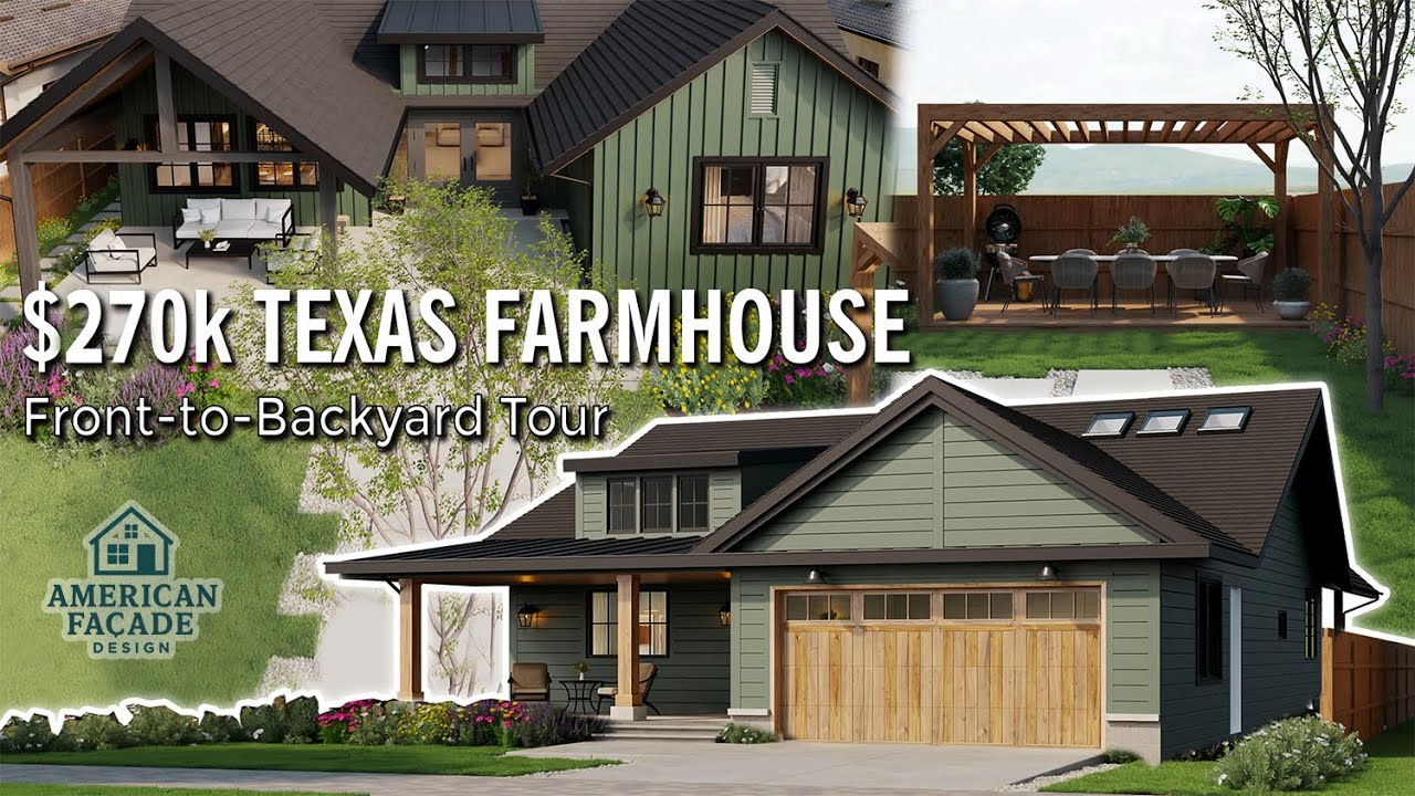 $270k Texas Modern Farmhouse Exterior | Suburban Green Siding, Black Trim & Pergola Patio