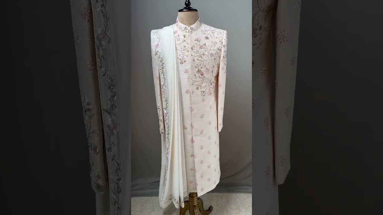 Light Peach Resham Embroidered Raw Silk Wedding Sherwani-HF3127
