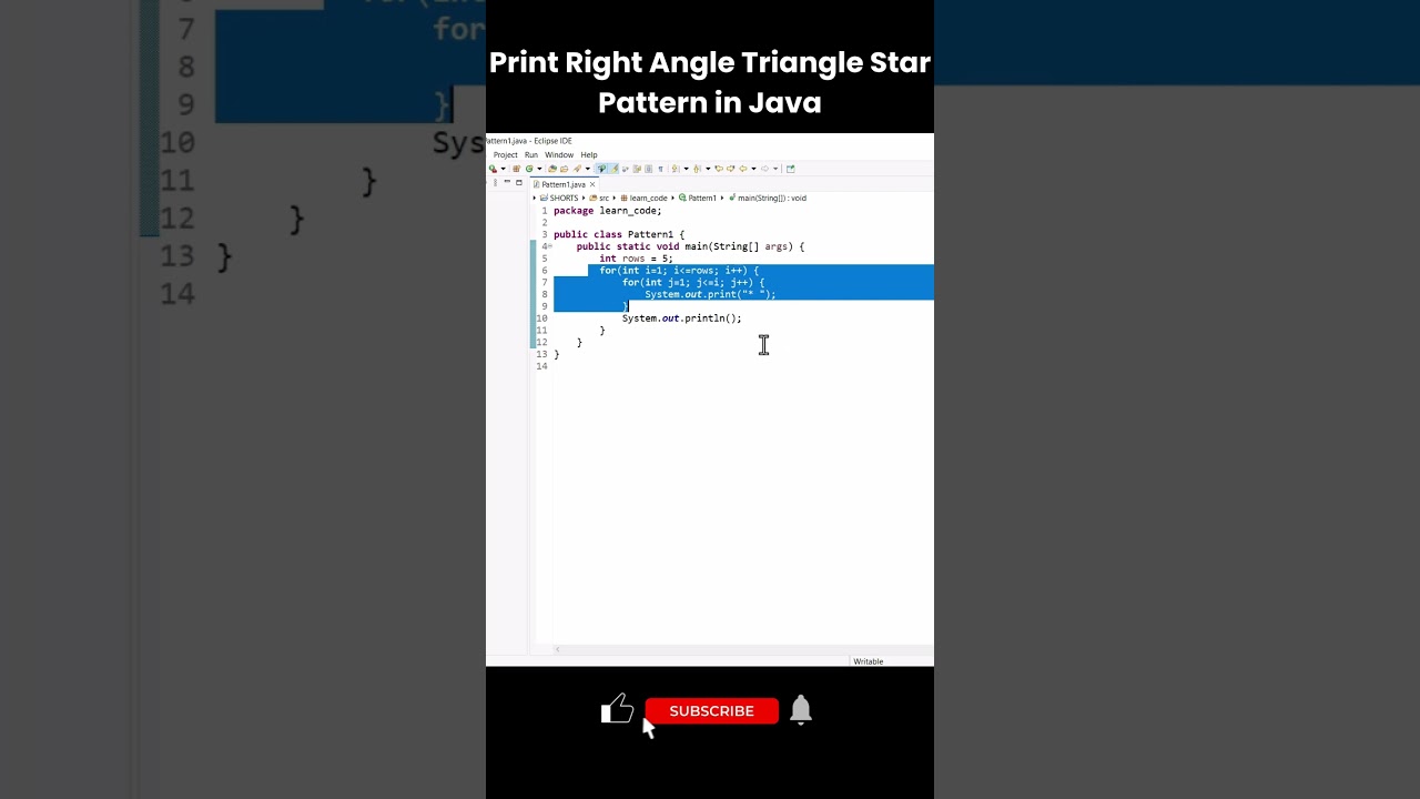 Print Right Angle Triangle Star Pattern in Java | Java Pattern Program in Eclipse for Beginners
