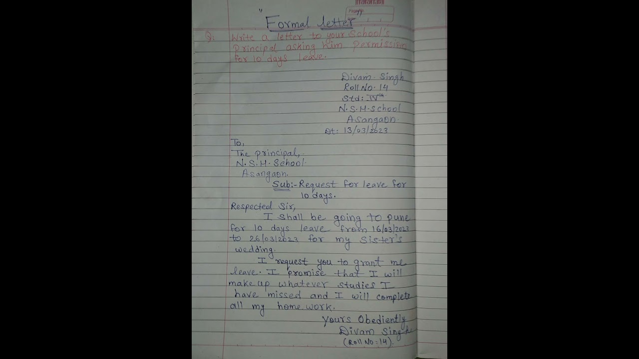 Formal letter ( asking for permission for 10 days leave )