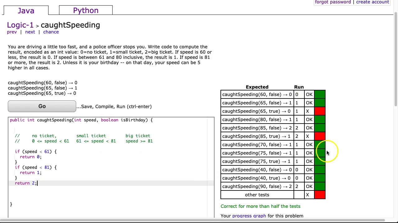 Codingbat - caughtSpeeding (Java)