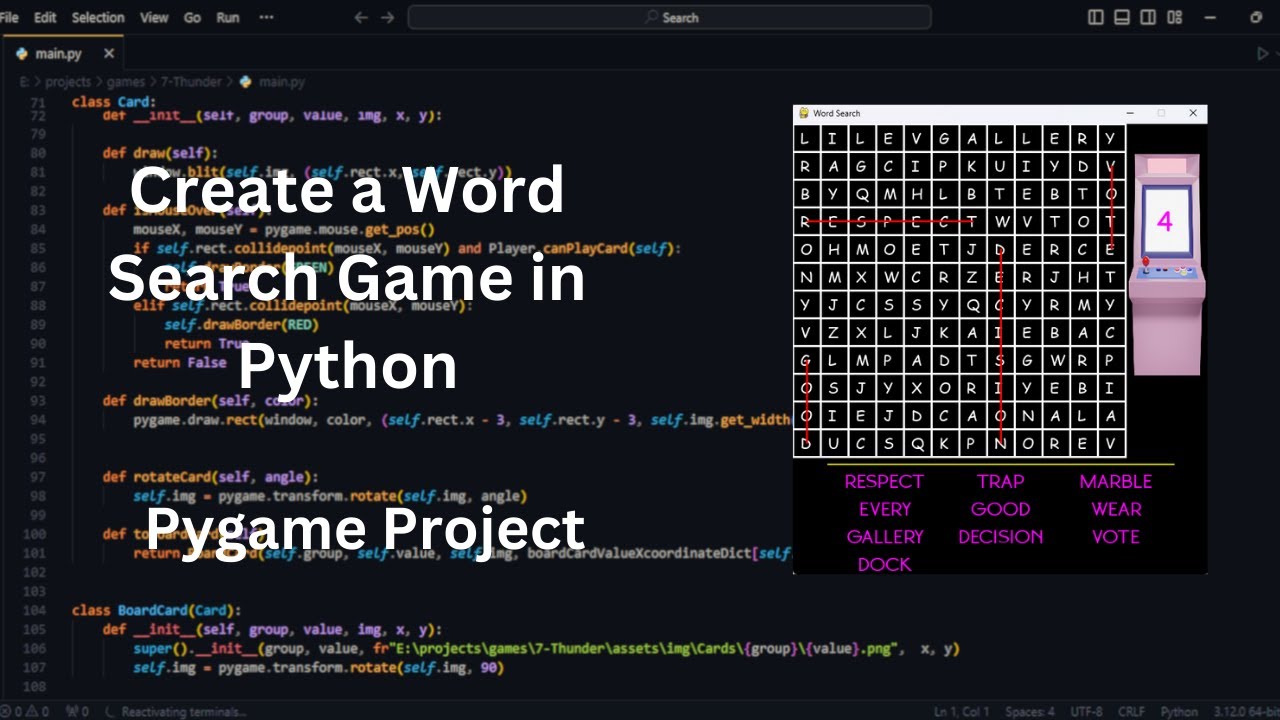 Create a word search game in python, pygame. Python game project.