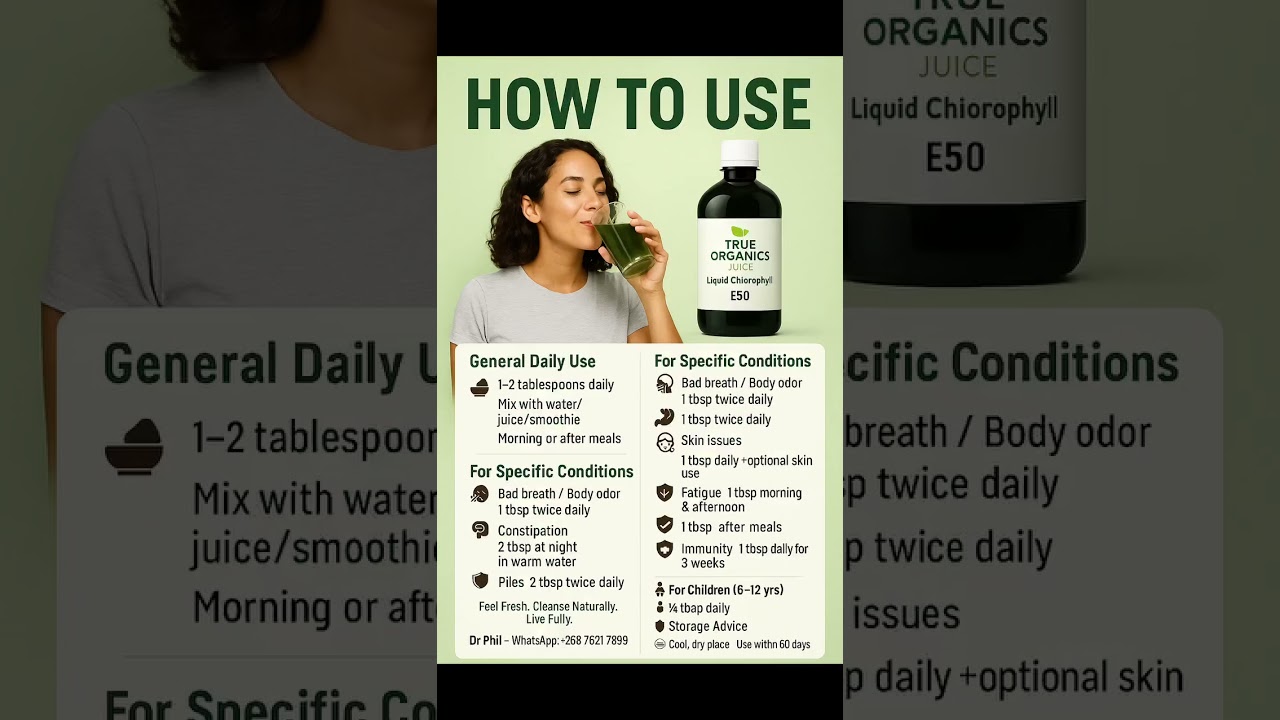 True Organics presents to you the chlorophyll juice for your healing. Contact:+268 7621 7899