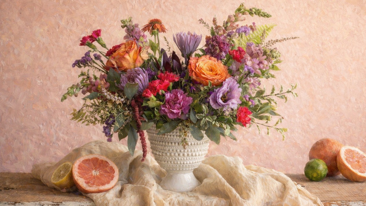 Vibrant Floral Still Life with Citrus Impressionist Painting