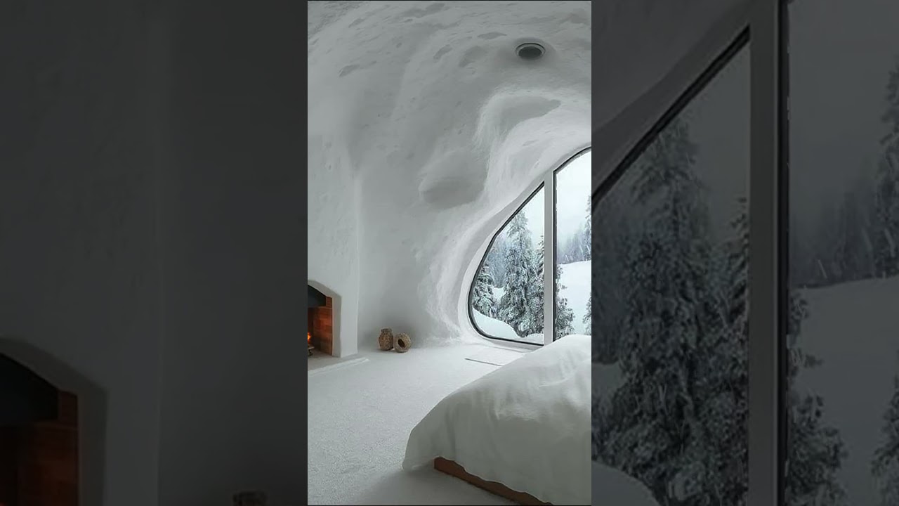 Night in White cozy Cave interior with warm fireplace. 4k TV screensaver Relax, Sleep, Study, Enjoy