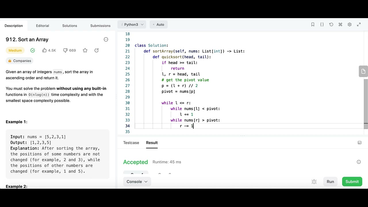 Sort an Array - Leetcode 912 - Quick Sort - Python