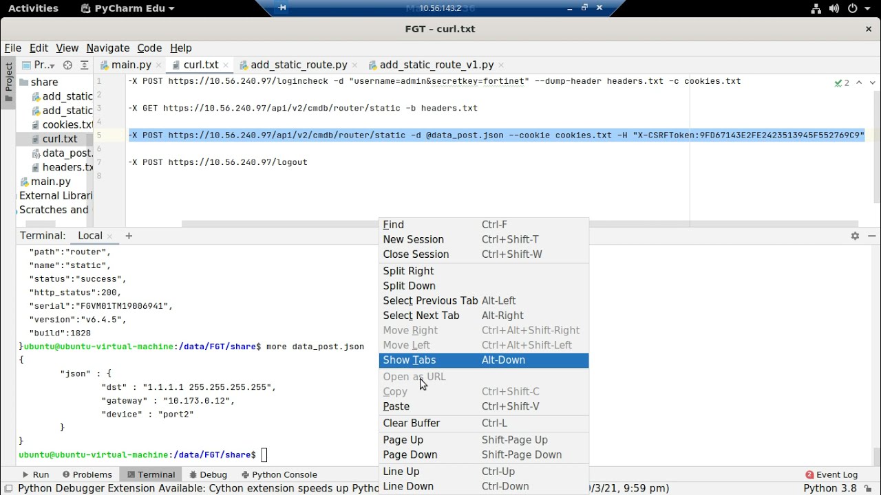 01 - FortiGate REST API Create Static Route - CURL/Python