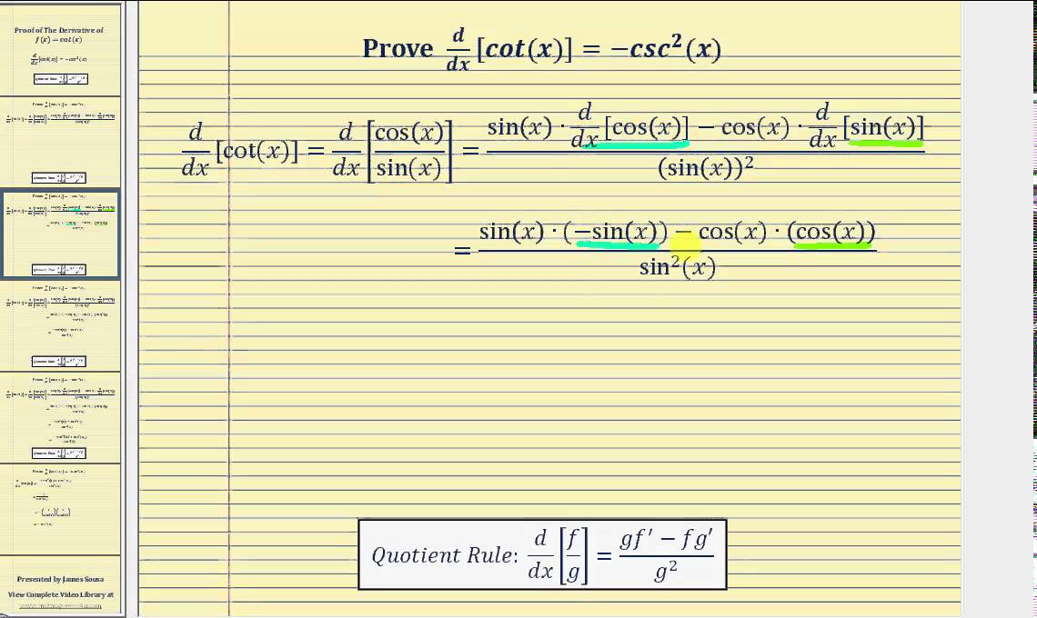 Proof - The Derivative of Cotangent:  d/dx[cot(x)]