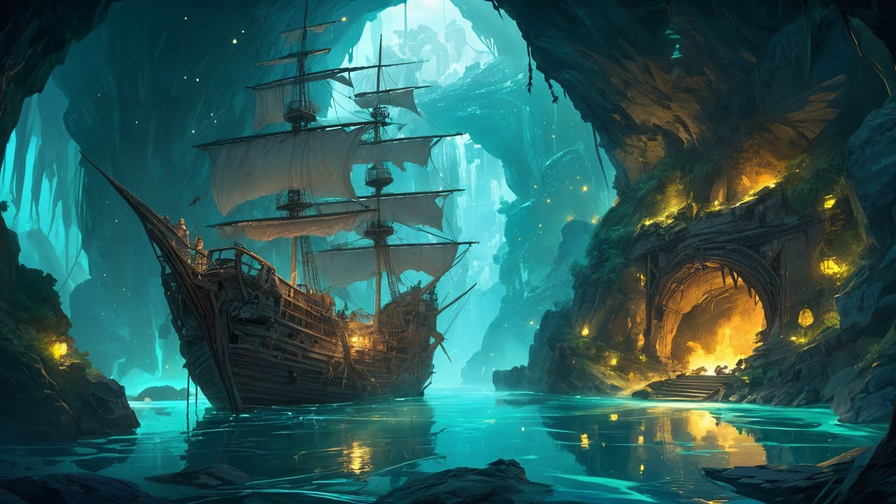 🏴‍☠️ Pirate Cave Ambience with Relaxing Music | Creaking Ship Sounds & Wave Sounds 🌊