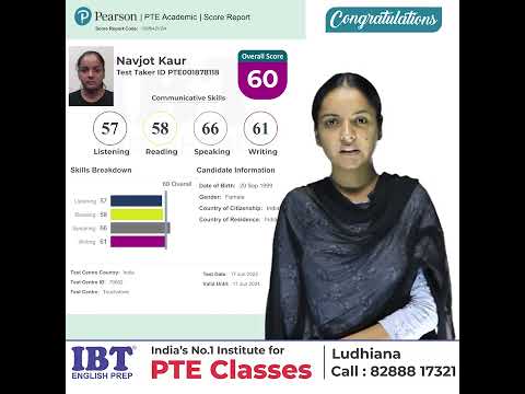 Heartiest Congratulations to Navjot Kaur for  Getting 60 Scores in PTE Exam