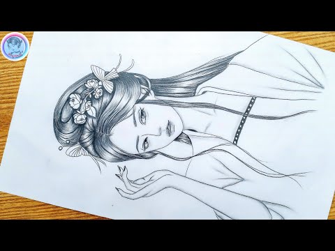 Cute Chinese girl drawing with beautiful hairstyle||china drawing girl face beautiful||Art by Rimsha