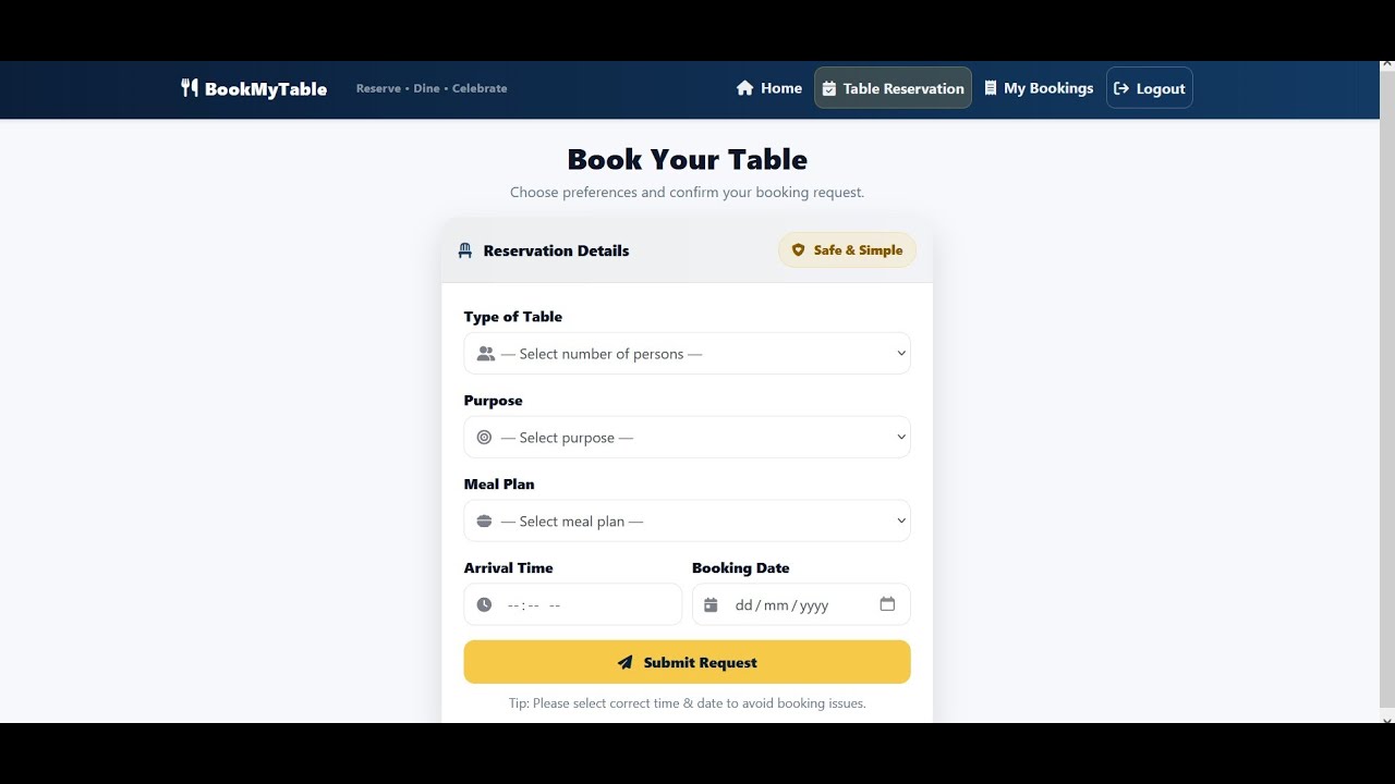 Restaurant Table Booking Project using Python Django Sqlite