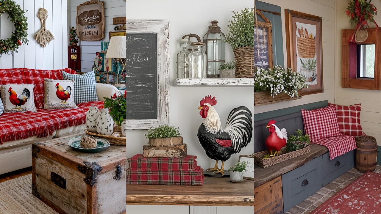 Rustic Rooster Charm | Vintage Farmhouse Decor with Red Plaid Accents