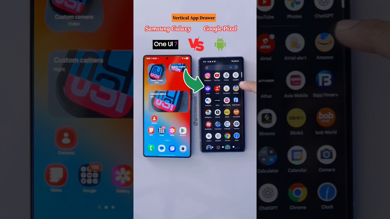 Samsung One UI 7 Vertical App Drawer Vs Google Pixel Stock Android