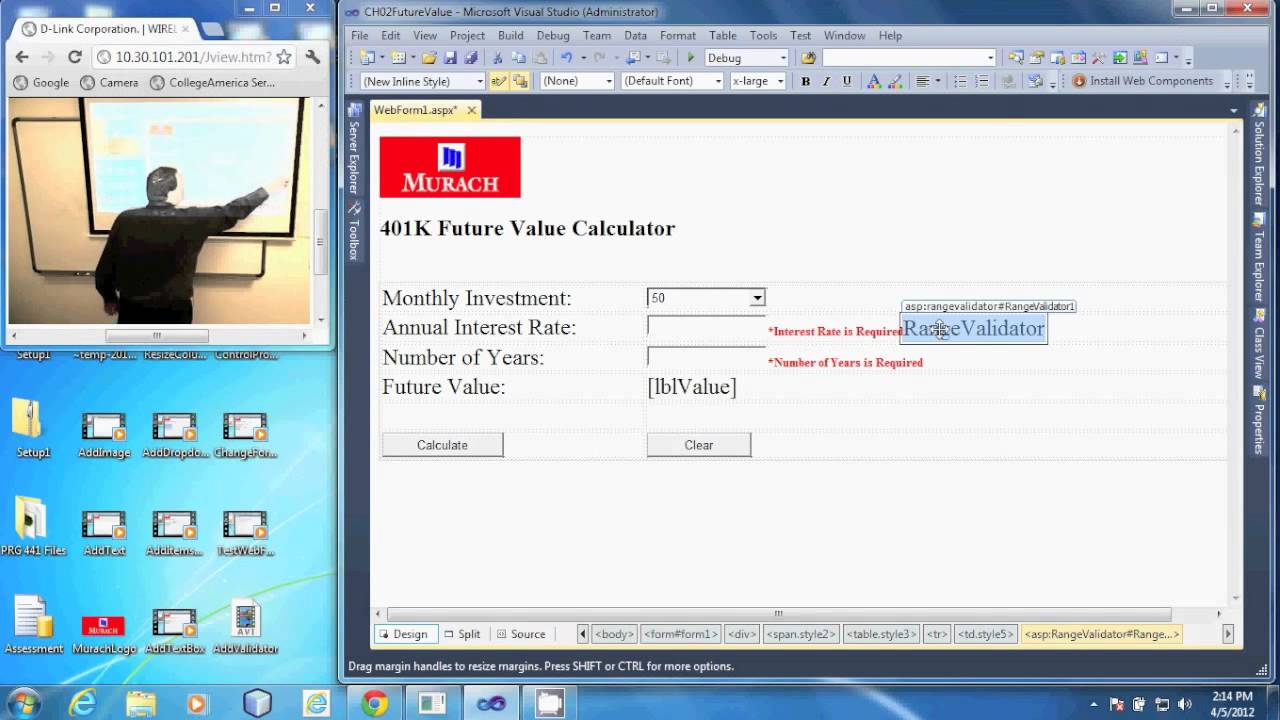PRG 310 - Visual Studio - Configure a Range Validator