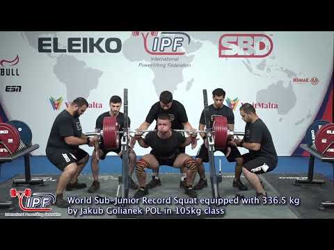 World Sub-Junior Record Squat equipped with 336.5 kg by Jakub Golianek POL in 105kg class