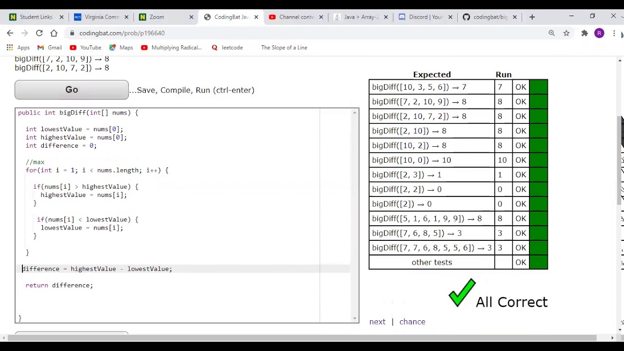 CodingBat - array2 - bigDiff (3 ways)