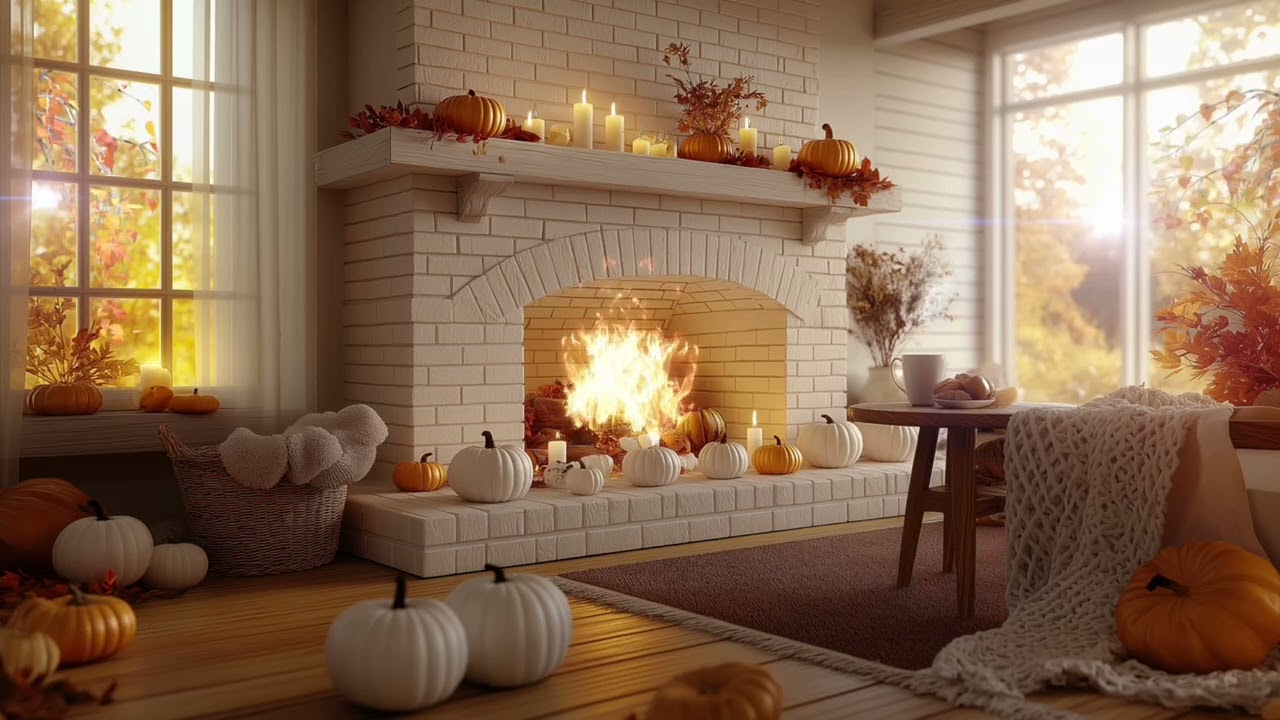 Cozy Fall Fireplace Ambience | Natural Sunny Fall Aesthetic with Pumpkins & Candles