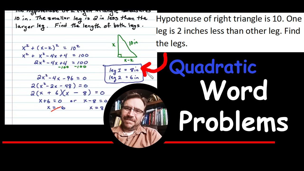 Pythagorean Theorem: Hypotenuse of right triangle is 10. One leg is 2 inches less than other leg.