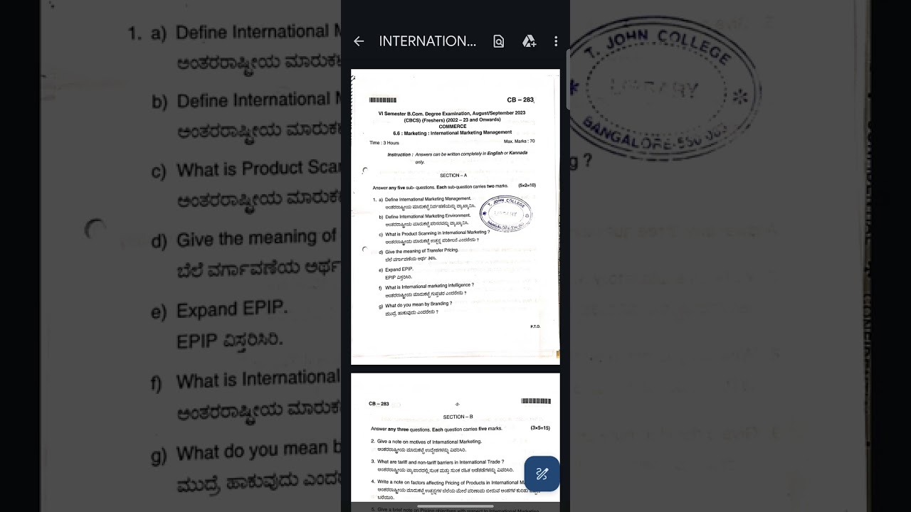 T JOHN BCOM SEM-6 INTERNATIONAL MARKETING MANAGEMENT QUESTION PAPER 2023