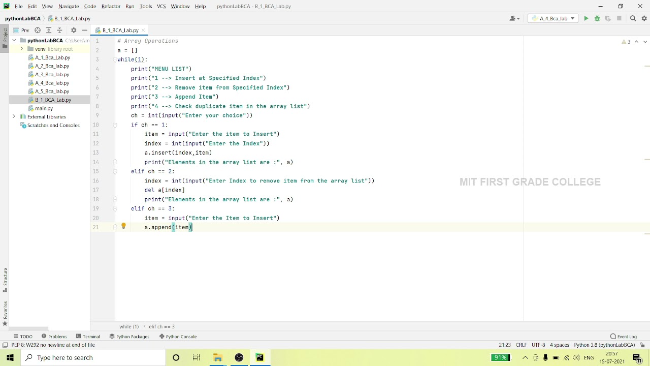 BCA | PYTHON LAB | PART B | PROGRAM 1 | ARRAY OPERATIONS