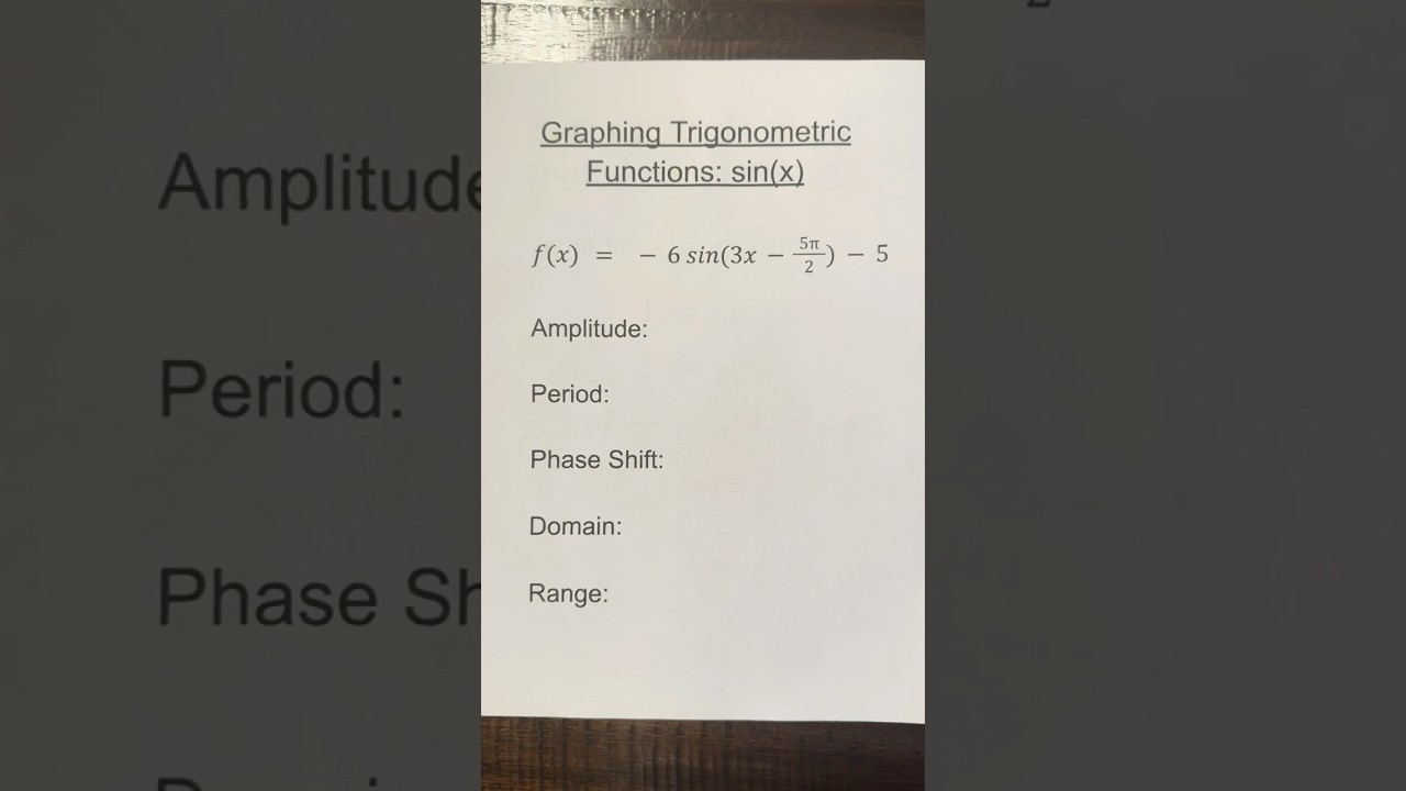 Graphing Trigonometric Functions: Amplitude, Period, Phase Shift, Domain, Range of -6sin(3x-5pi/2)-5