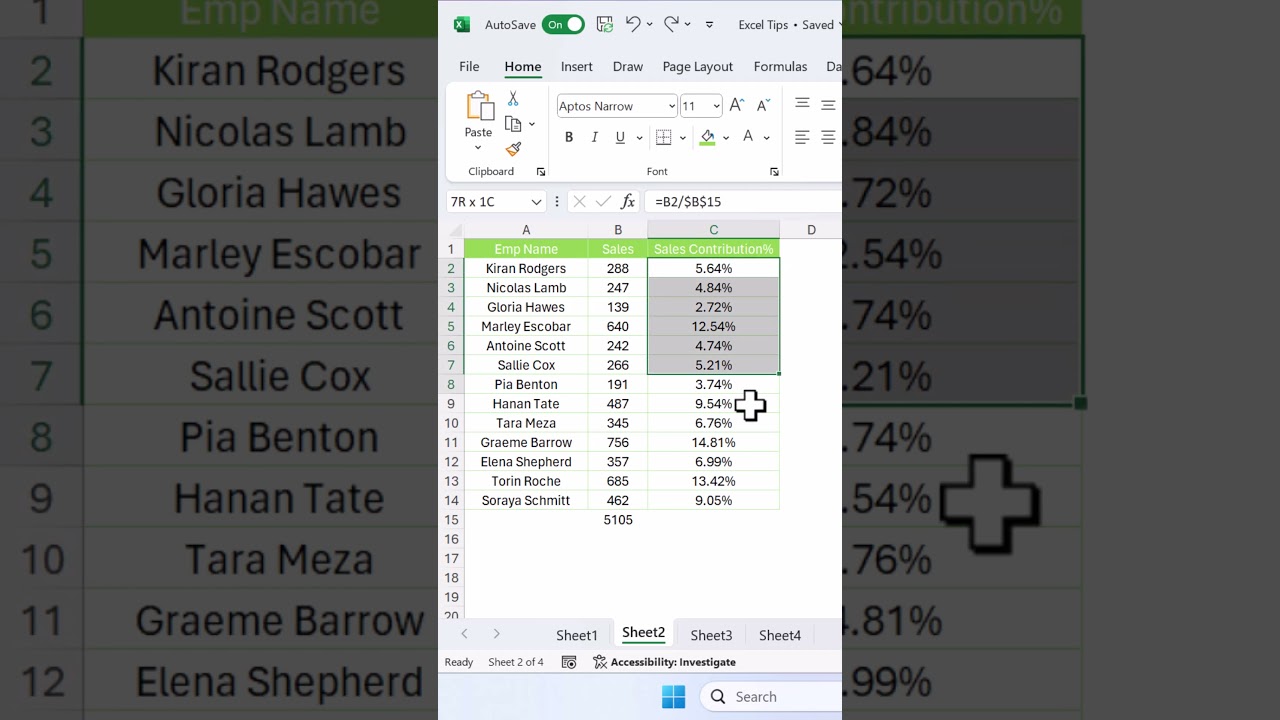 Quick Analysis Tool: Calculate Sales Contribution% in Excel #shorts