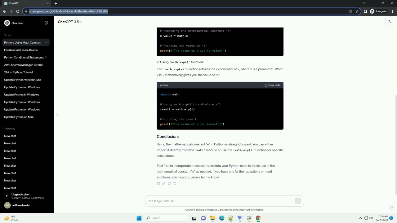 how to use e in python